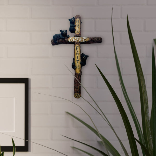 Pine Ridge Black Bear Hope, Faith, Love Wall Cross - 3 Bears On A Wood